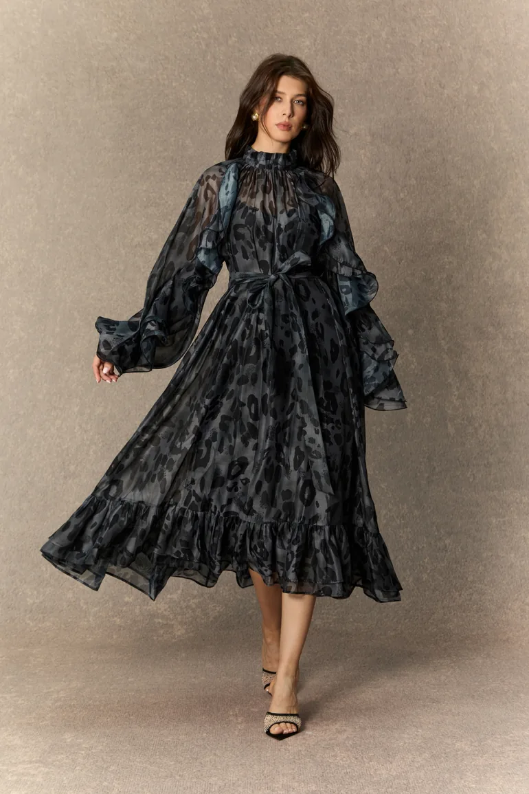 Wild Charm Black Leopard Print Ruffled Midi Dress Sunfere Multicolour ...