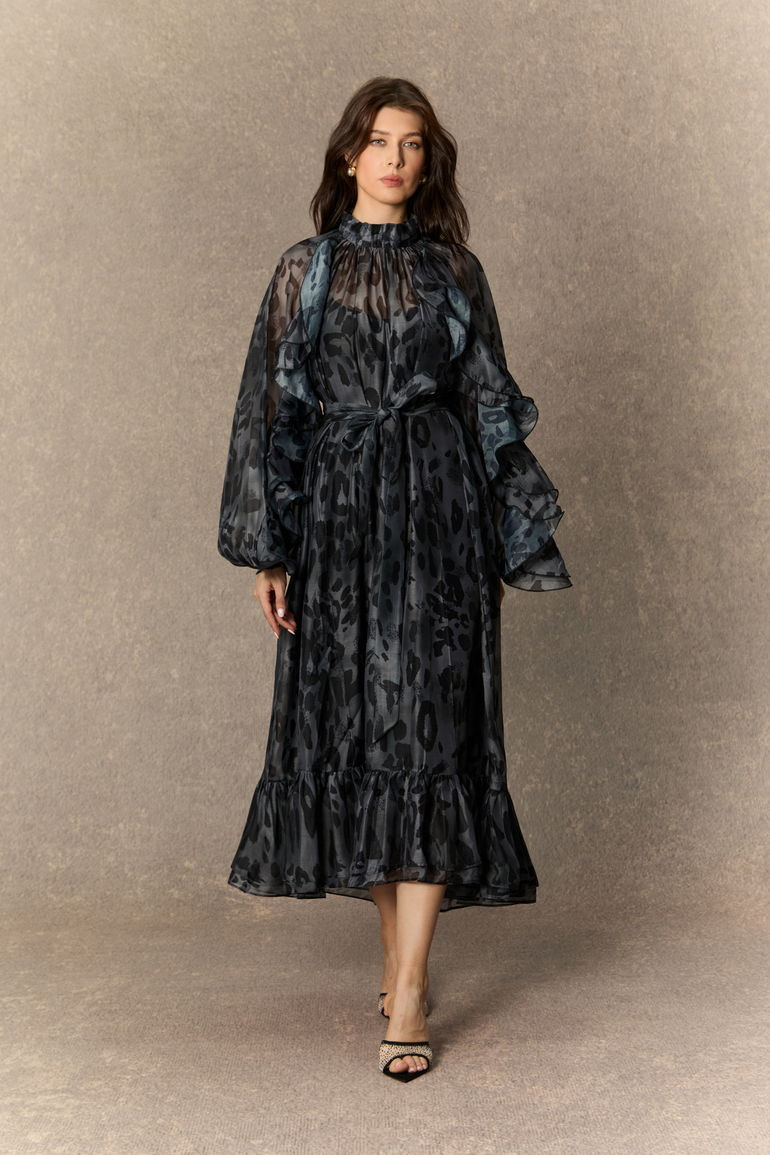 Wild Charm Black Leopard Print Ruffled Midi Dress Sunfere Multicolour ...