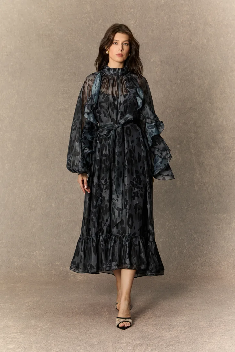 Wild Charm Black Leopard Print Ruffled Midi Dress Sunfere Multicolour ...