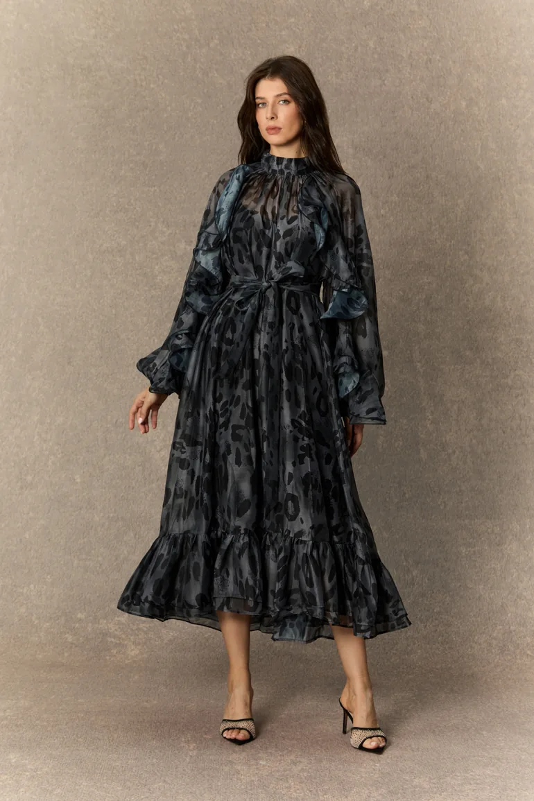 Wild Charm Black Leopard Print Ruffled Midi Dress Sunfere Multicolour ...