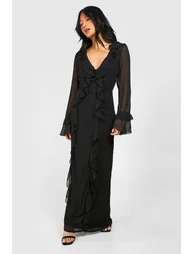 Petite Plunge Ruffle Flare Sleeve Woven Maxi Dress - black Boohoo Black ...