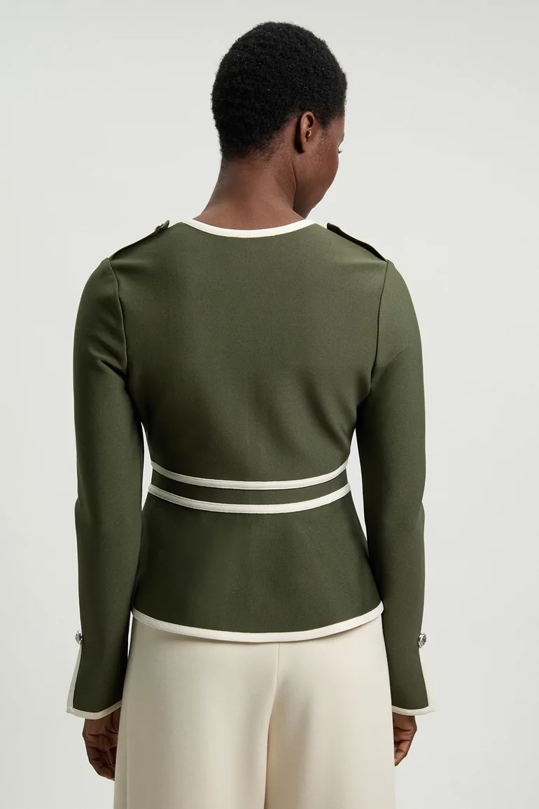 Figure Form Bandage Military Contrast Piping Knit Split Hem Jacket ...