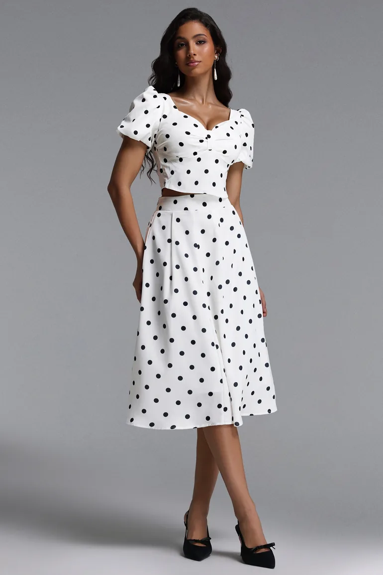 Islay Resort Flowy Puff Sleeve Polka Dot Ruched Woven Top and Skirt Two ...