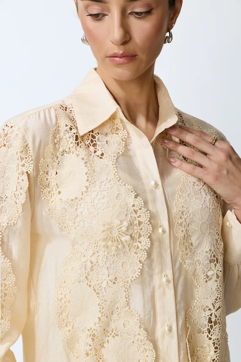 Soft Moment Beige Lace Embroidery Shirt & Wide Leg Pants Set Sunfere ...