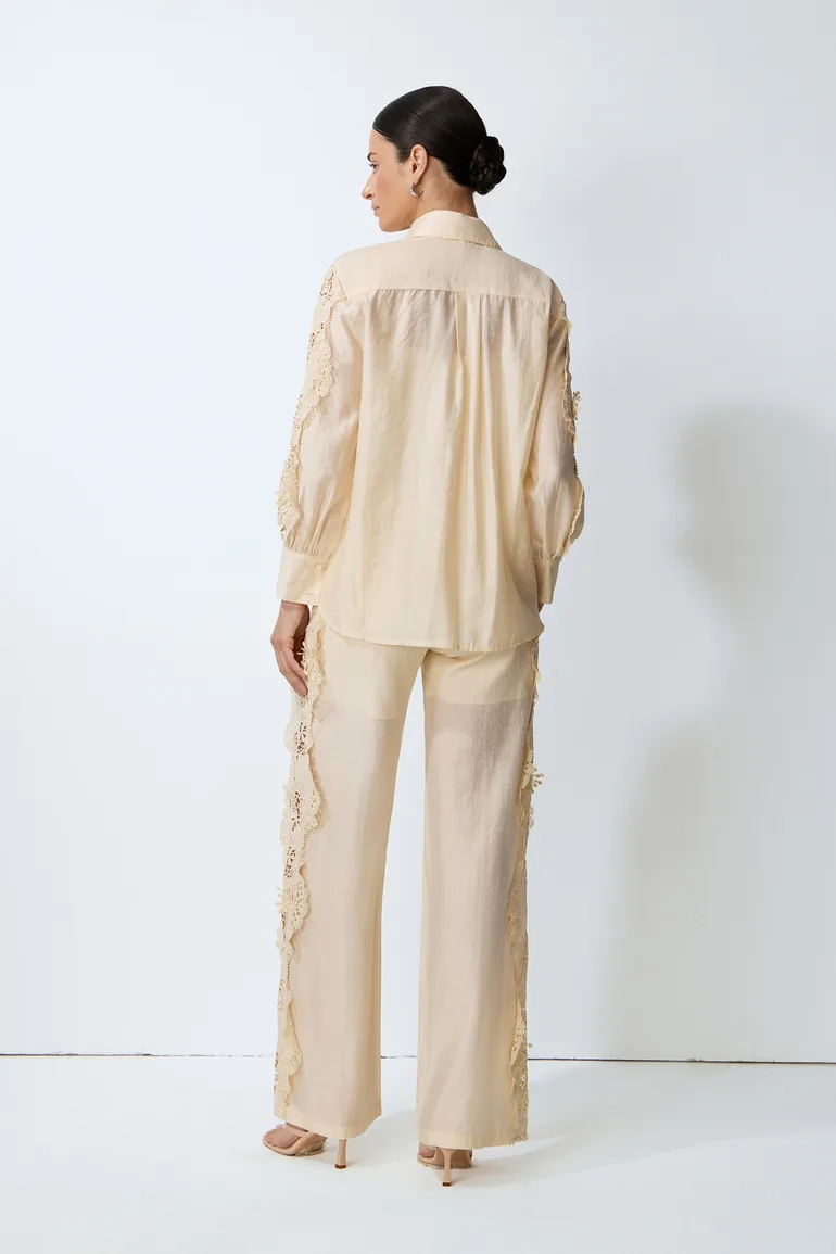 Soft Moment Beige Lace Embroidery Shirt & Wide Leg Pants Set Sunfere ...