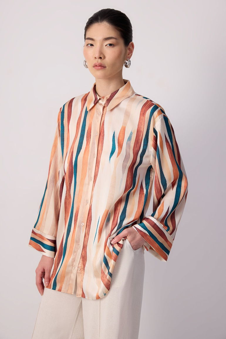 STRIP PATTERNED SATIN SHIRT Touché Privé Brown : Blouses & Shirts ...