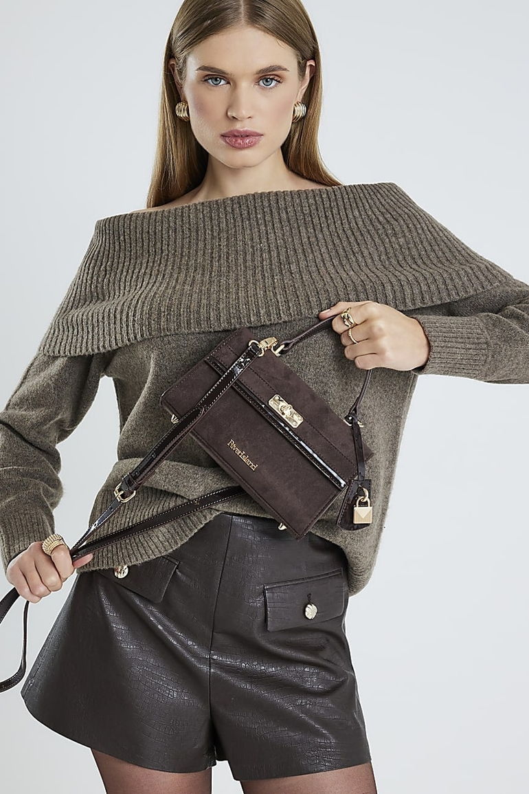 Brown Faux Suede Lock Front Tote Bag River Island : Handbags, Clutches ...