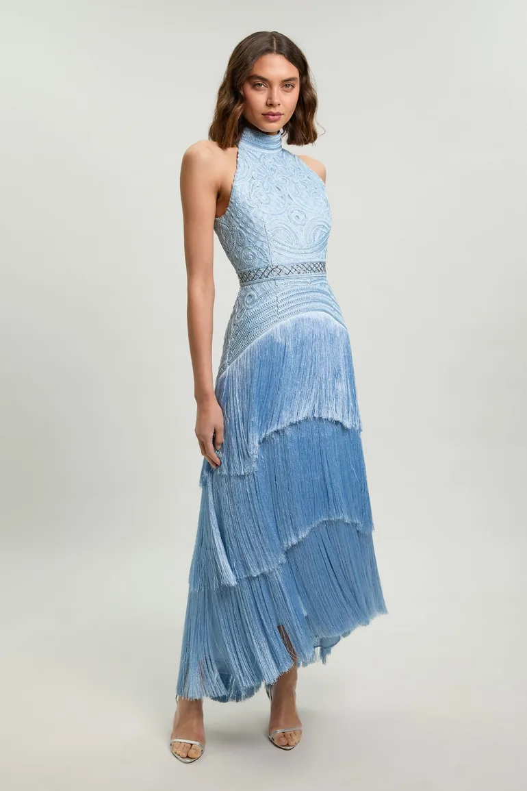 Fringed Beaded Halter Neck Woven Maxi Dress Karen Millen Blue : Dresses ...