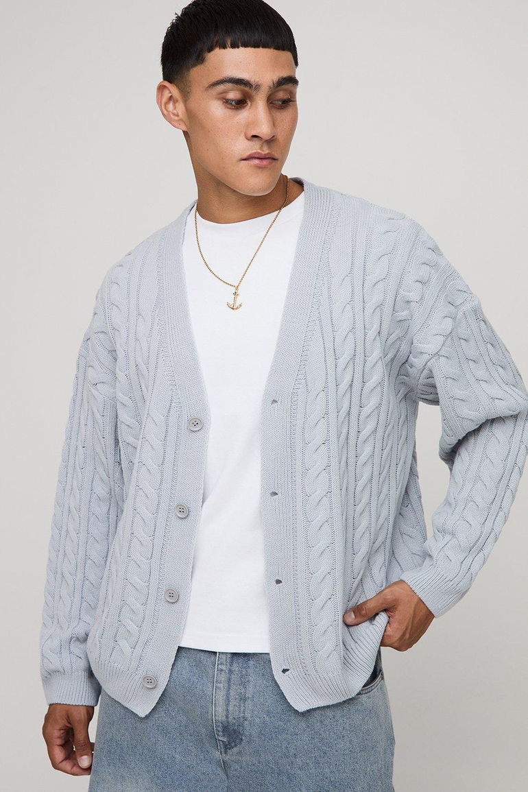 Oversized Boxy Cable Knit Cardigan - grey BoohooMAN : Sweaters ...