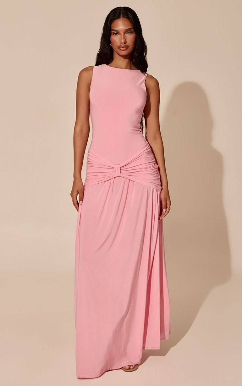 Baby Pink Double Layer Slinky Boat Neck Wrap Detail Maxi Dress ...