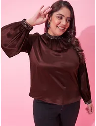 توب ستان أحمر مزين بالخرز بأكمام طويلة - للمقاسات الكبيرة Curvy Street ...