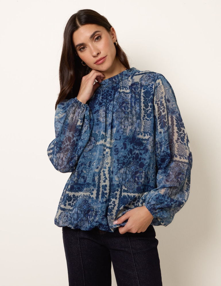High Neck Paisley Print Puffball Top Blue Vanilla Multicolour : Blouses ...