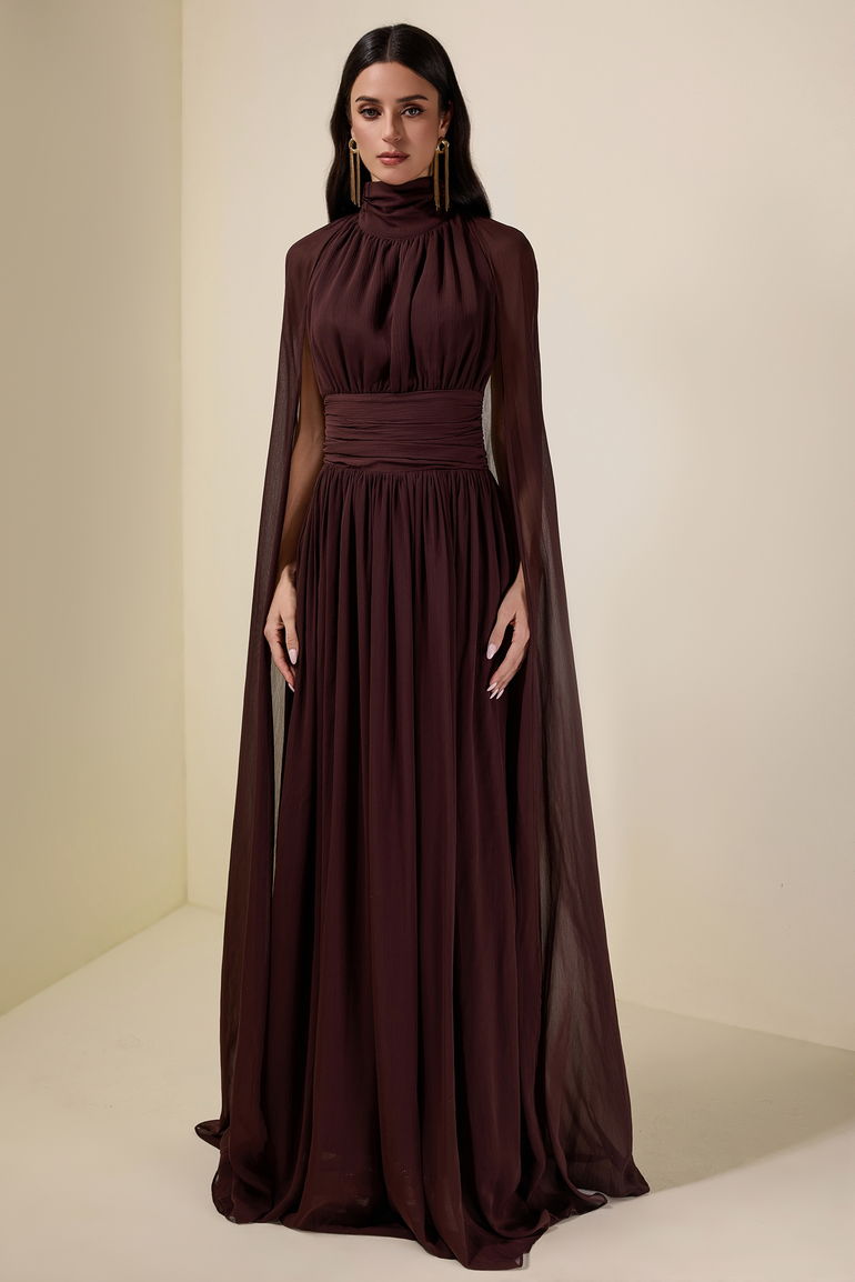 Chiffon High Neck Cape Sleeve Maxi Dress JardinVue Brown : Evening ...