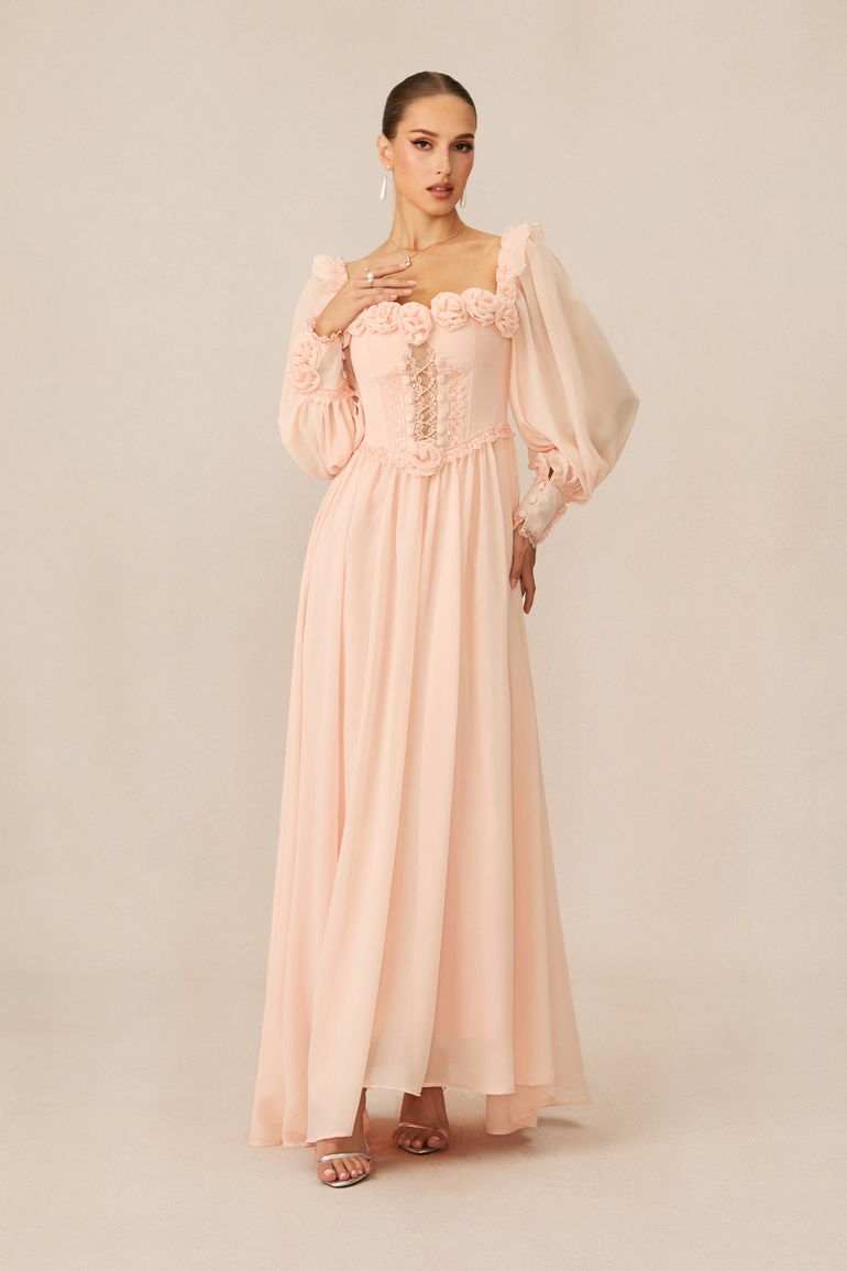 Enticing Aesthetic Apricot Rosette Trim Maxi Dress Sunfere : Evening ...