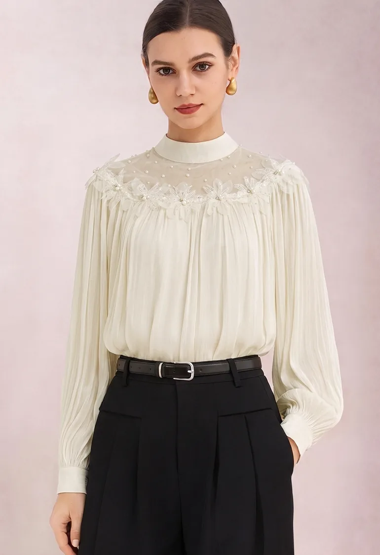 3D Floral Applique Beaded Mesh Yoke Pleated Top in Cream Chicwish Cream ...