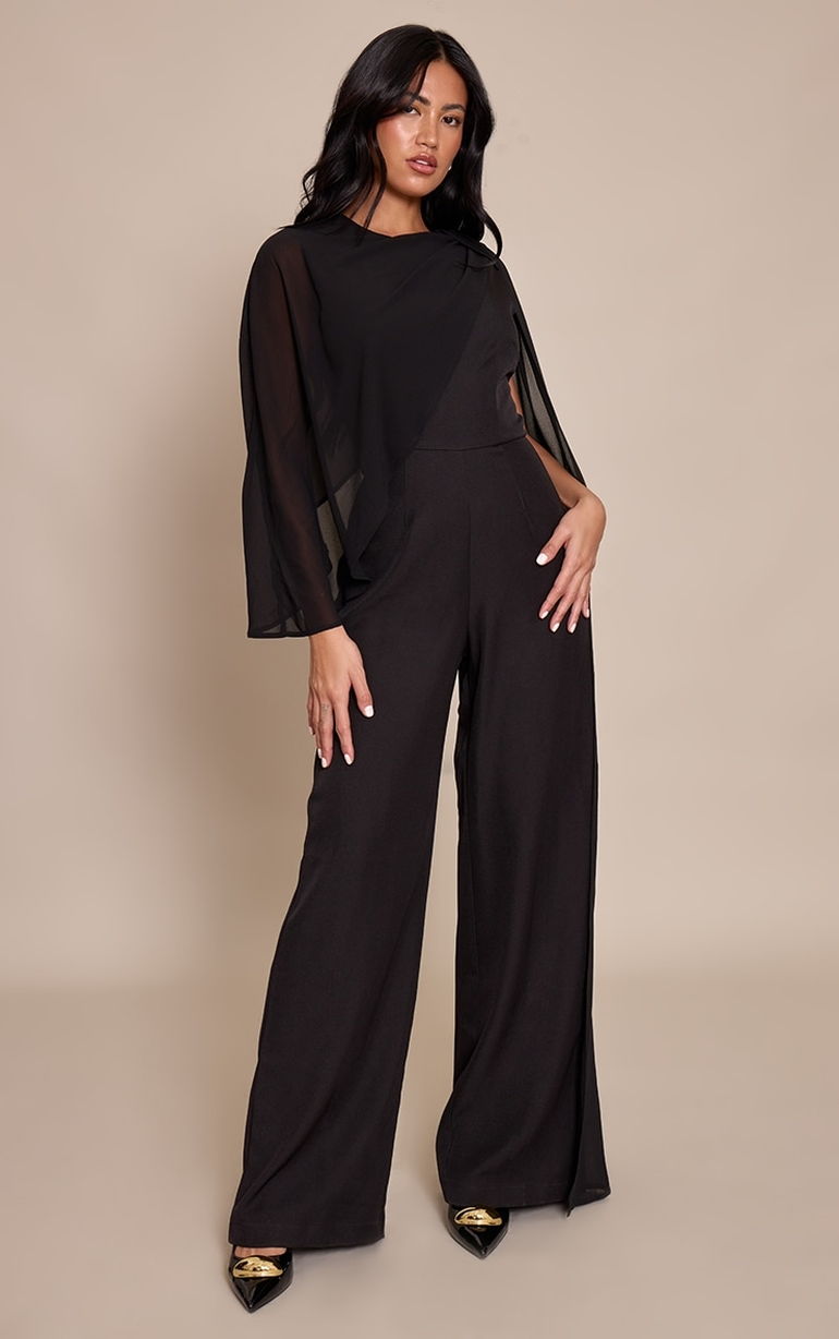 Black Chiffon Cape Detail Straight Leg Jumpsuit Prettylittlething Black ...