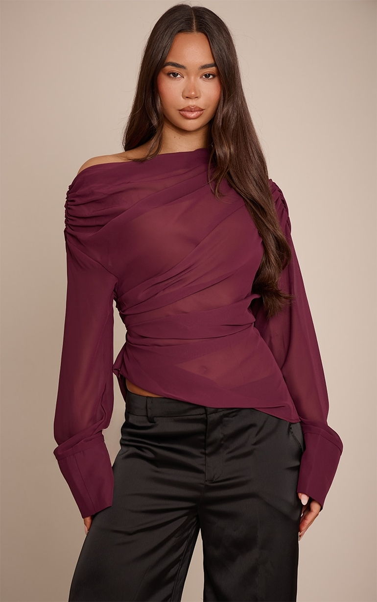 Plum Chiffon Drape Top Prettylittlething Red : Tops & T-Shirts ...