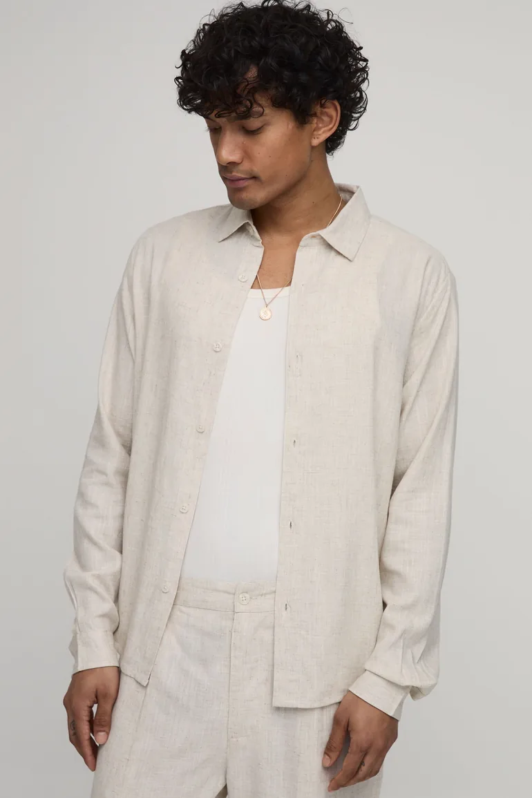 Regular Fit Long Sleeve Linen Shirt - natural BoohooMAN Beige : Shirts ...