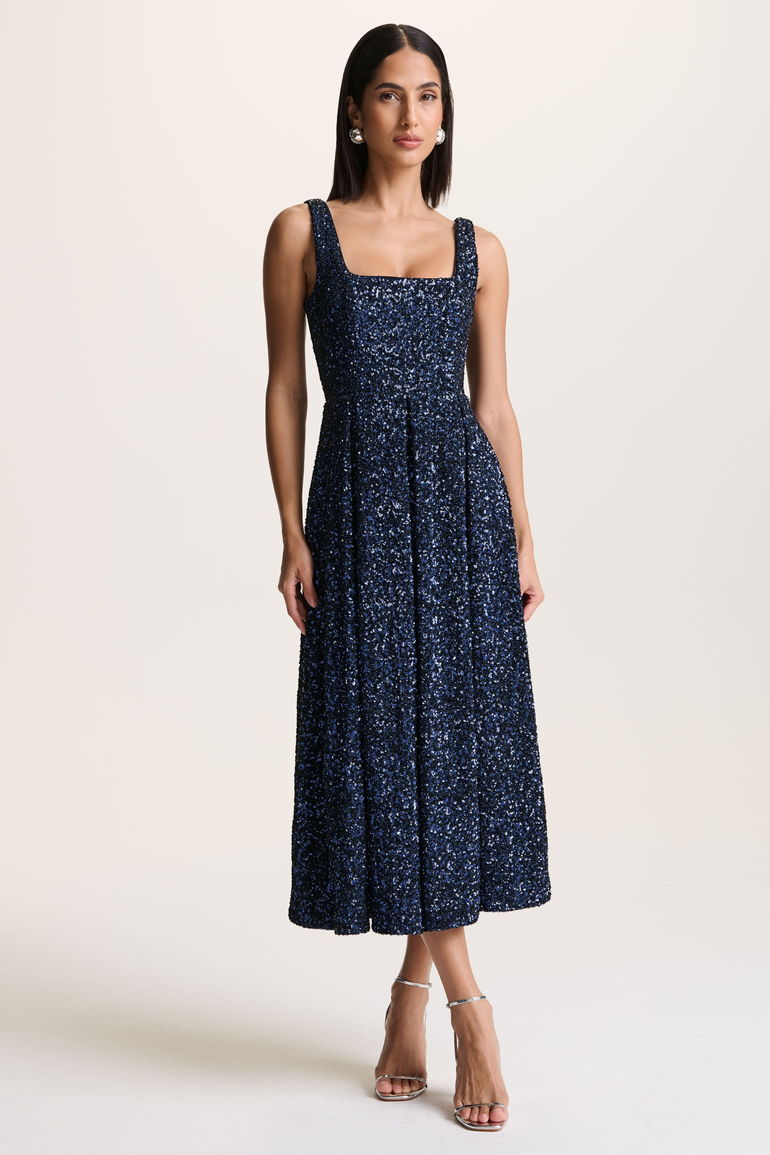 Lima | Navy Sequin Square-Neck A-Line Midi Dress Club L London Navy ...