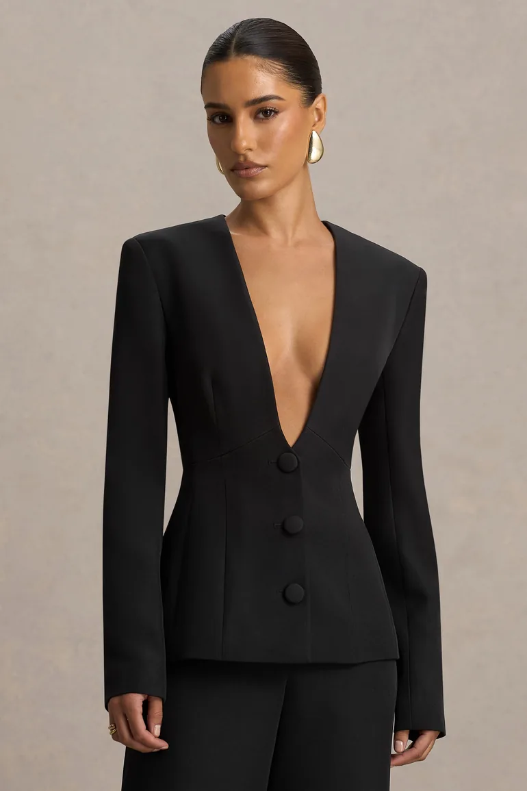 Rosalina | Black Extreme-Plunge Neck Tailored Blazer Club L London ...
