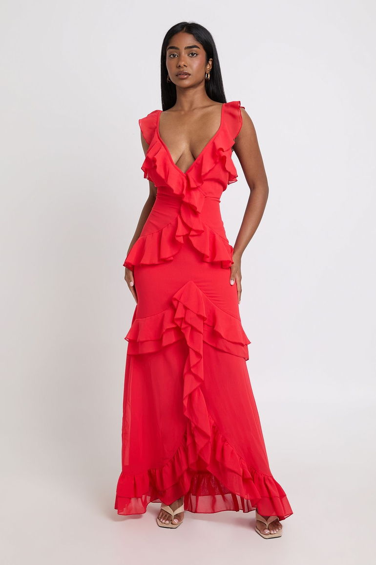 Chiffon Layered Ruffle Detail Maxi Dress - red Boohoo Red : Dresses ...