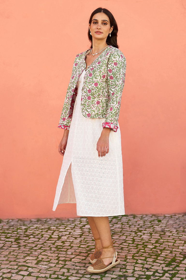 Yumi Pink Floral Reversible Cotton Quilted Jacket Yumi Multicolour ...